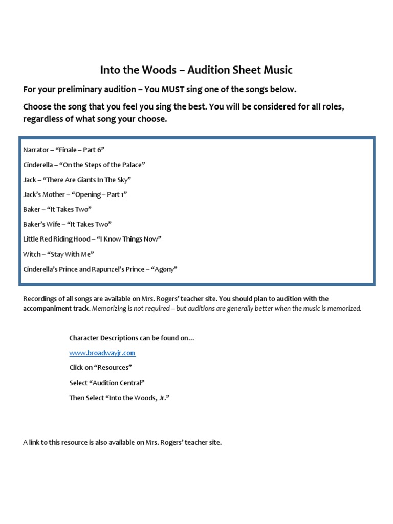 Into The Woods Jr. Audition Sheet Music Cover Sheet | PDF
