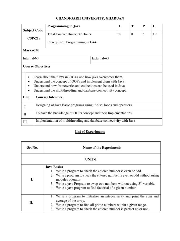 Programming in Java (CSP-218): A Course Syllabus Outlining Object ...