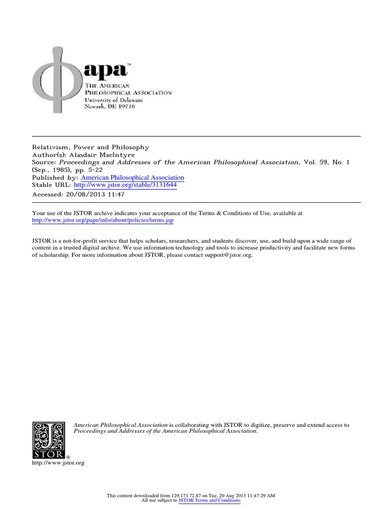 Macintyre - Relativism, Power and Philosophy 1985 | Download Free PDF ...