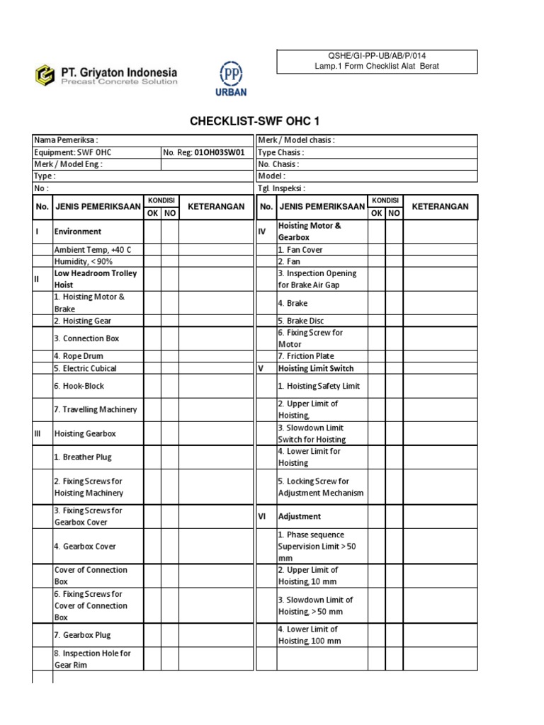 Checklist-SWF OHC 1 | PDF | Bearing (Mechanical) | Axle