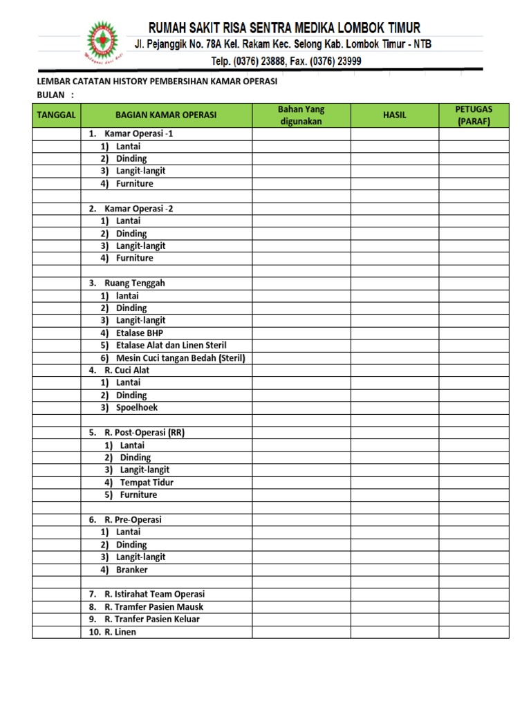 Lembar Catatan History Pembersihan Kamar Operasi | PDF