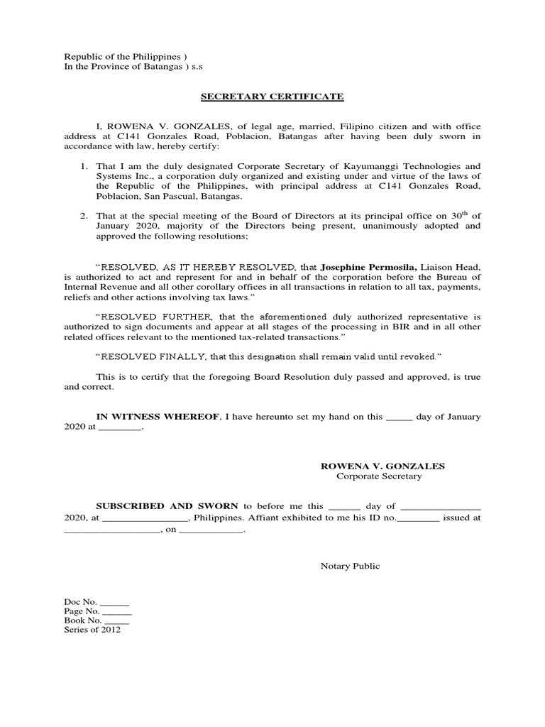 Secretary Certificate for Tax Authorization | PDF | Business | Finance ...