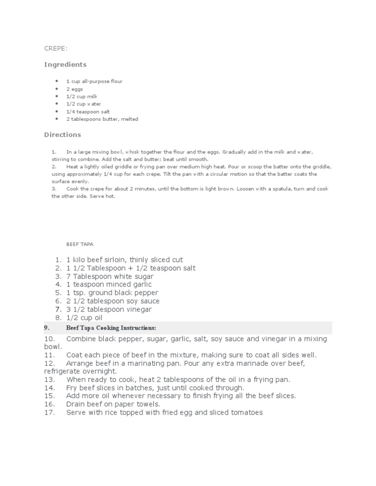 Crepe and Beef Tapa Recipes | PDF