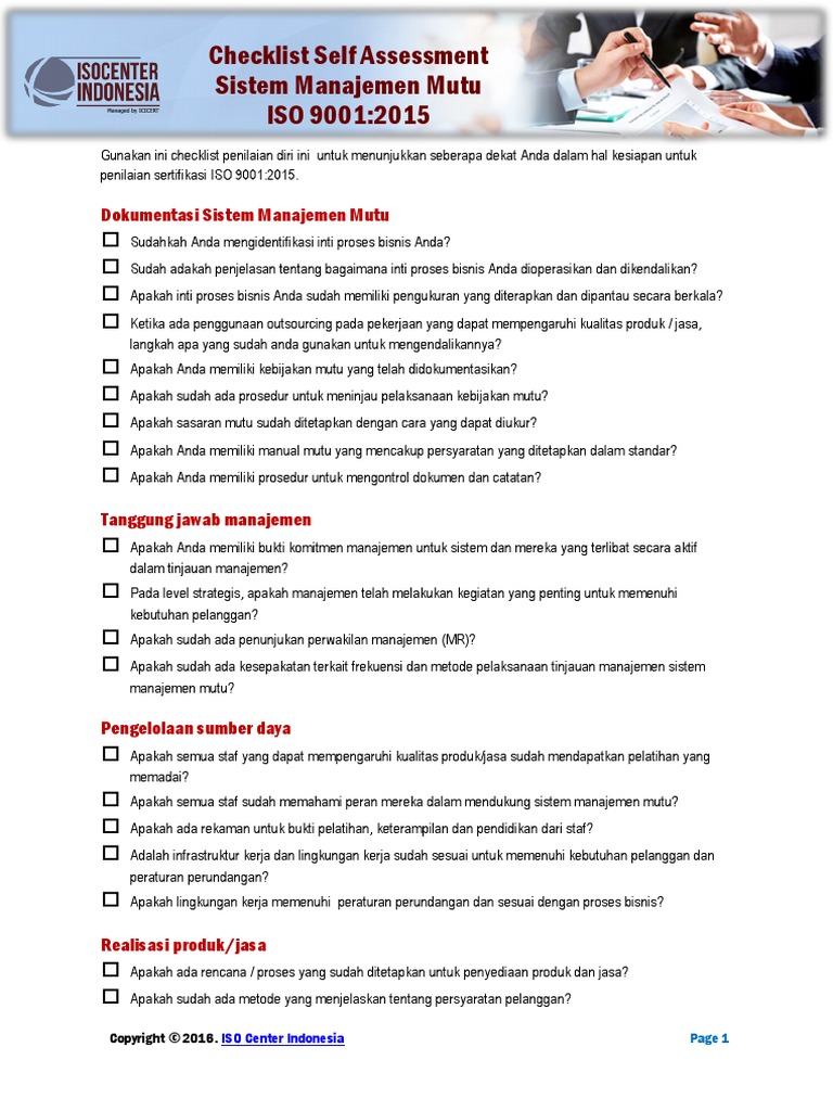 Checklist Self Assessment Sistem Manajemen Mutu ISO 9001 PDF | PDF