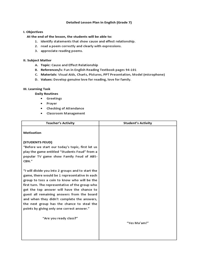 Cause and Effect Lesson Plan for Grade 7 | PDF | Causality | Lesson Plan