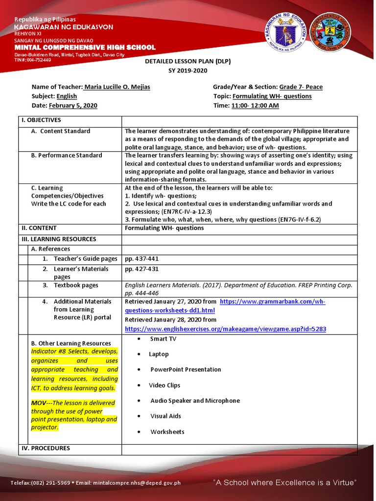 DLL-COT-LUCILLE Final WH Questions | PDF | Question | Learning
