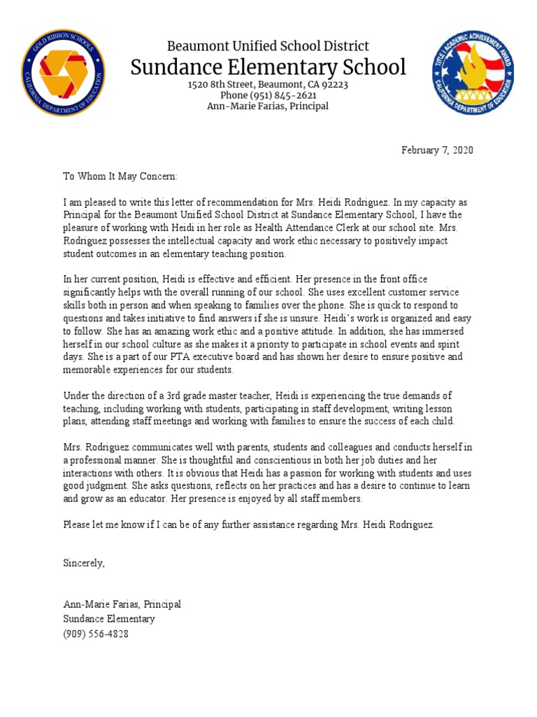 Letter of Rec - Heidi Rodriguez | PDF | Teachers | Pedagogy