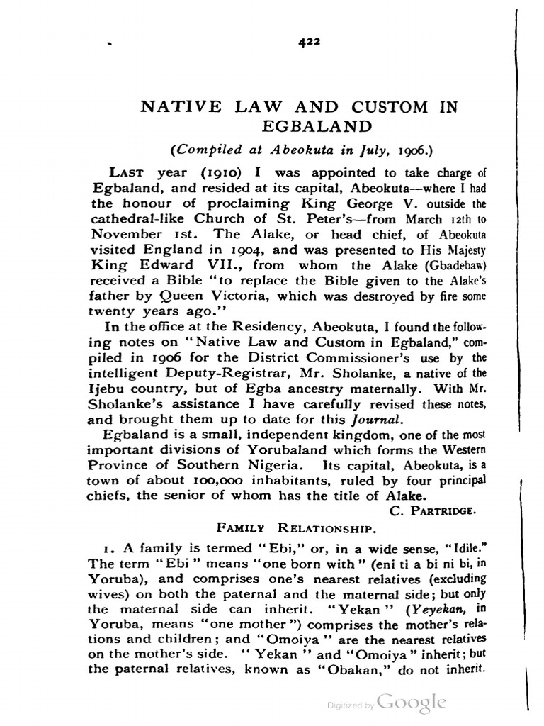 Native Law and Custom in Egbaland PDF | PDF | Legal Guardian | Marriage