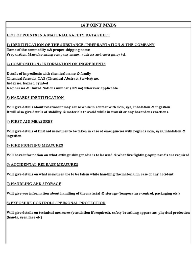 MSDS 16 Points | PDF | Toxicity | Prevention