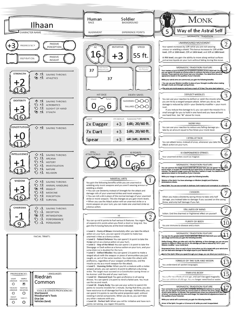 Class Character Sheet Monk | PDF | Leisure | Sports