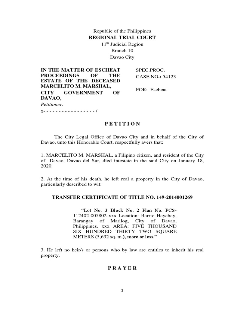 Petition For Escheat | PDF | Inheritance | Intestacy