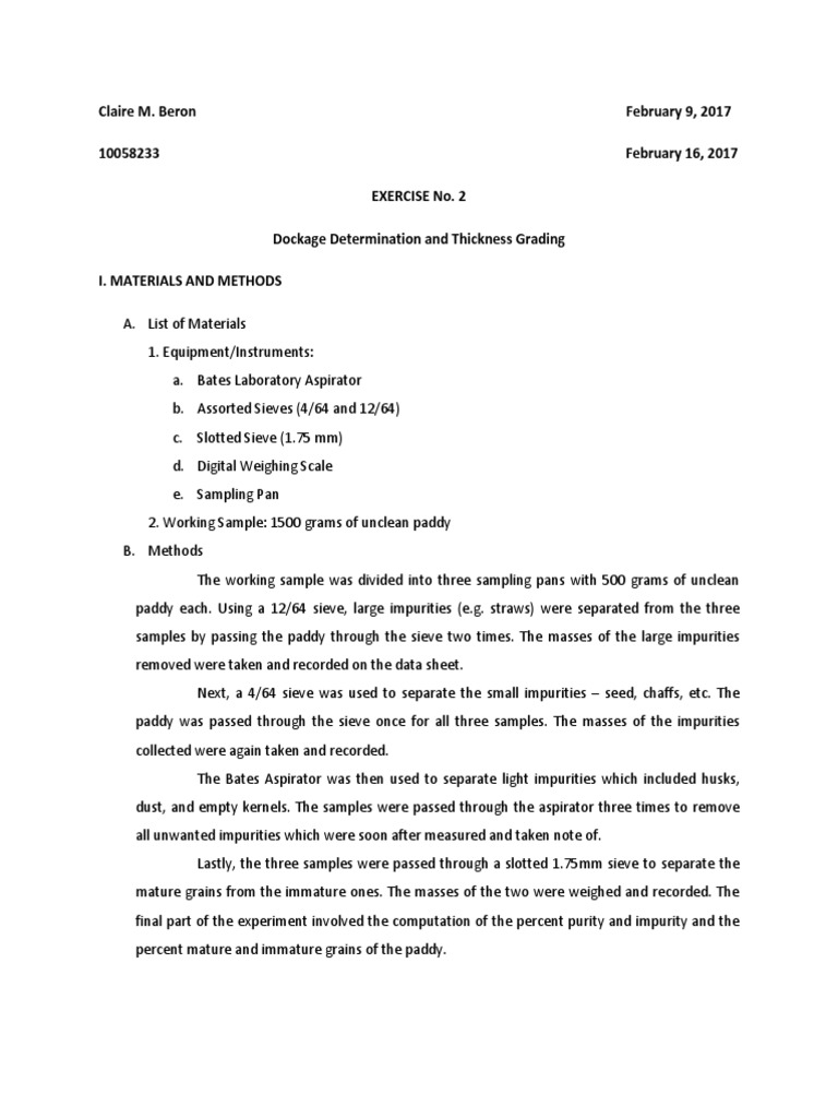 ABE2 Exercise 2 Lab Report | PDF | Rice | Mill (Grinding)
