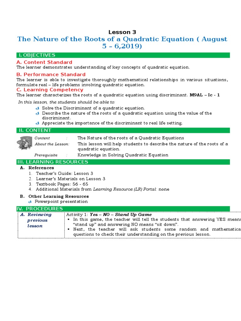 DLP Grade 9 Math Q1 | PDF | Quadratic Equation | Learning