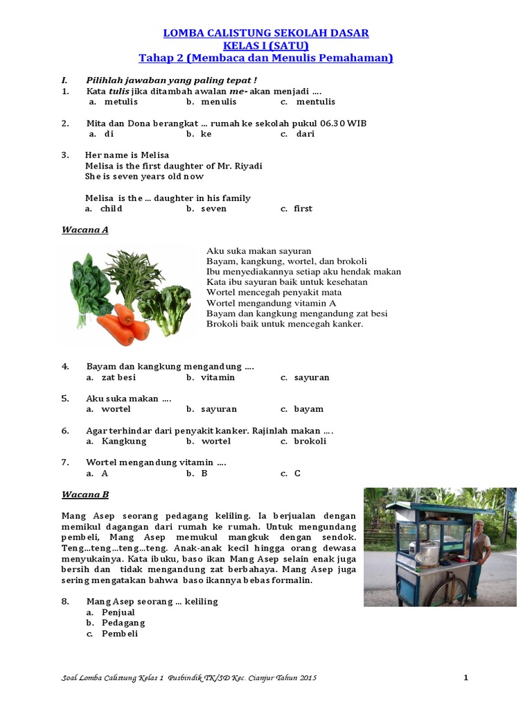 Soal Calistung Kelas 1 SD 2015 | PDF