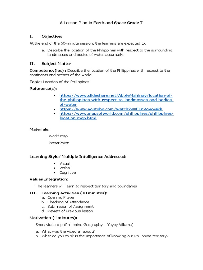 A Lesson Plan in Earth and Space Grade 7 | PDF | Continent | Lesson Plan
