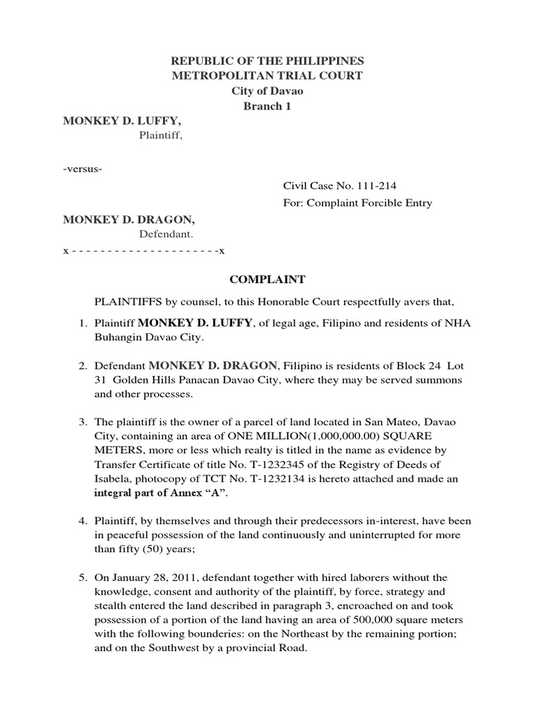 6 Complaint-For-Forcible-Entry | PDF | Affidavit | Lawsuit