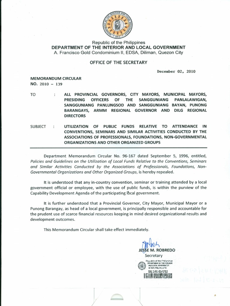 DILG-Memo - Circular-2010-139-DILG Authority Not Needed PDF | PDF