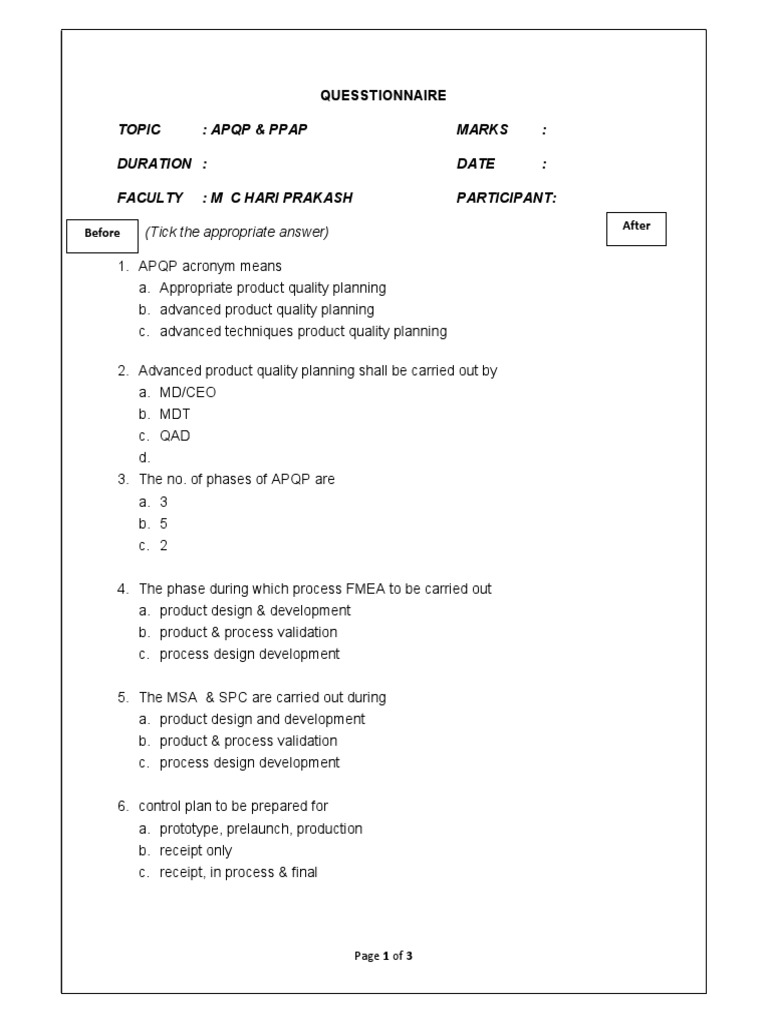 APQP+PPAP Questionnaire | PDF | Business