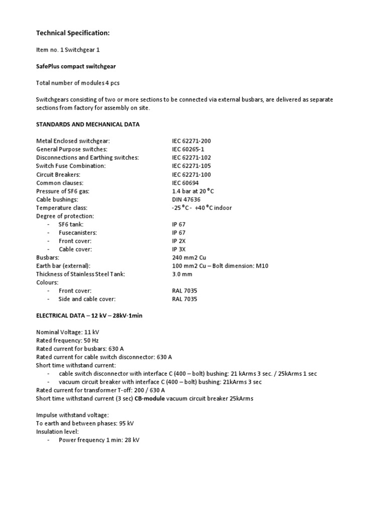 ABB RMU Tech Specification | PDF | Switch | Transformer