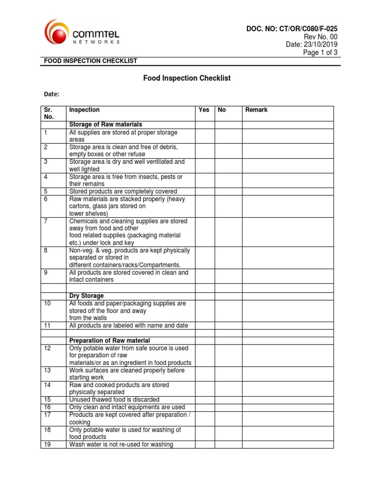 Food Safety Inspection Checklist | PDF | Kitchen Utensil | Hygiene