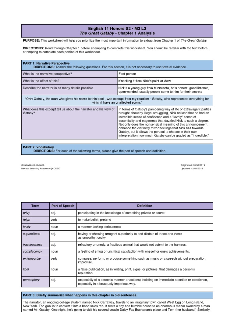 M3L3 The Great Gatsby - Chapter 1 Analysis | PDF | The Great Gatsby | Cognitive Science