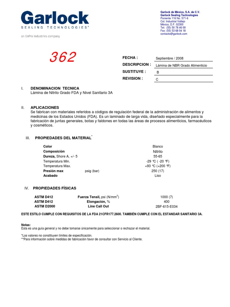 Garlock - Empaque Grado Alimenticio | PDF | Química | Naturaleza