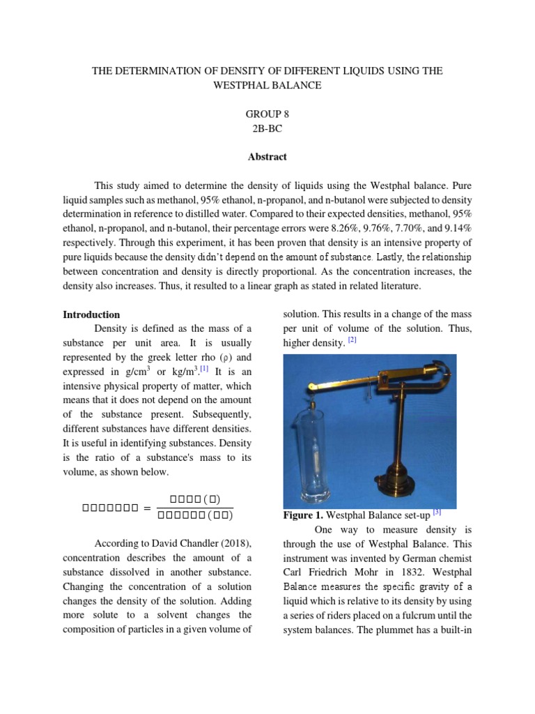 Experiment 1 - Density of Liquids Using Westphal Balance | PDF | Mass ...