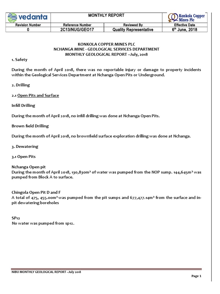 KCM Nchanga Monthly Geological Report To GSD - July 2018 | PDF | Mining ...