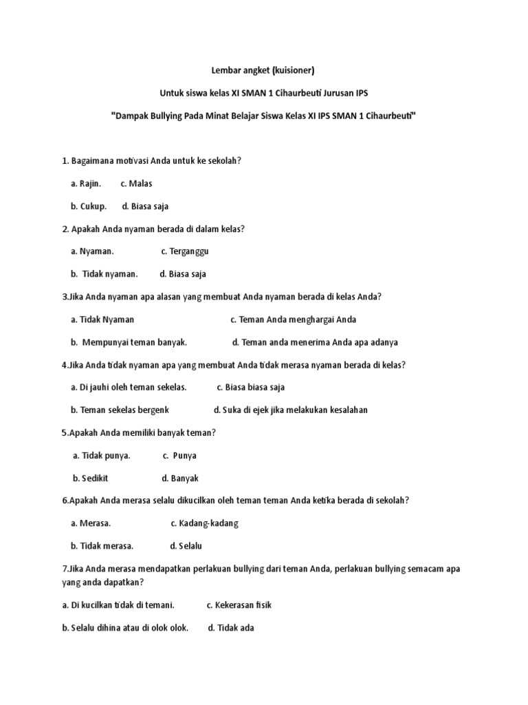 Lembar Angket Bullying | PDF
