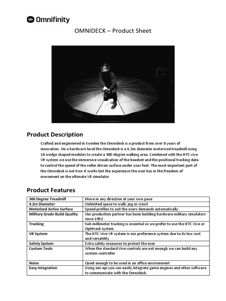 Omnideck Product Sheet Overview PDF | PDF | Htc Vive | Virtual Reality