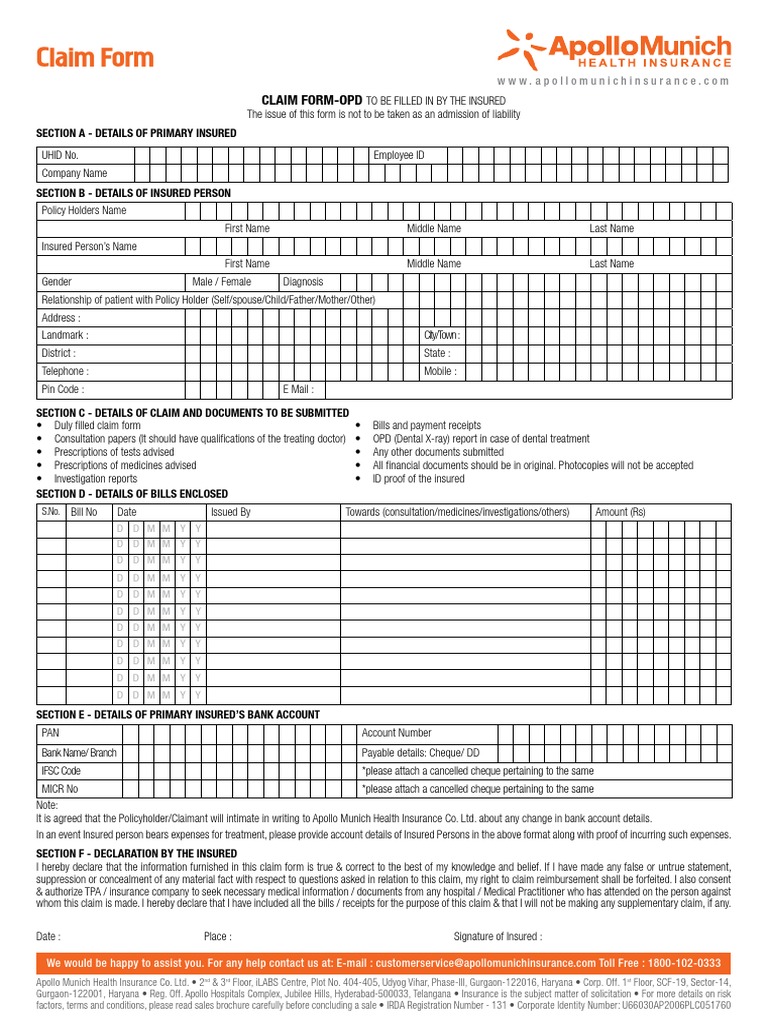 OPD Claim Form PDF | Download Free PDF | Insurance | Cheque
