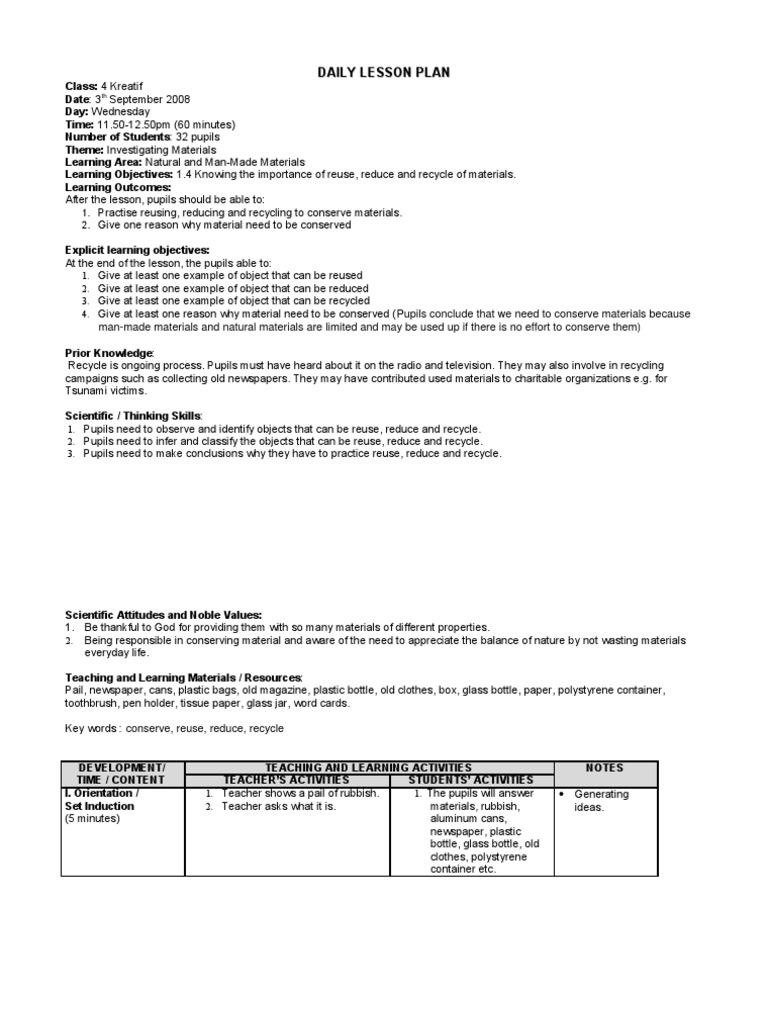 Daily Lesson Plan Science Year 4 | PDF | Reuse | Recycling