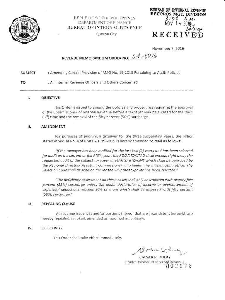 RMO No. 64-2016 PDF | PDF | Taxation | Government Finances