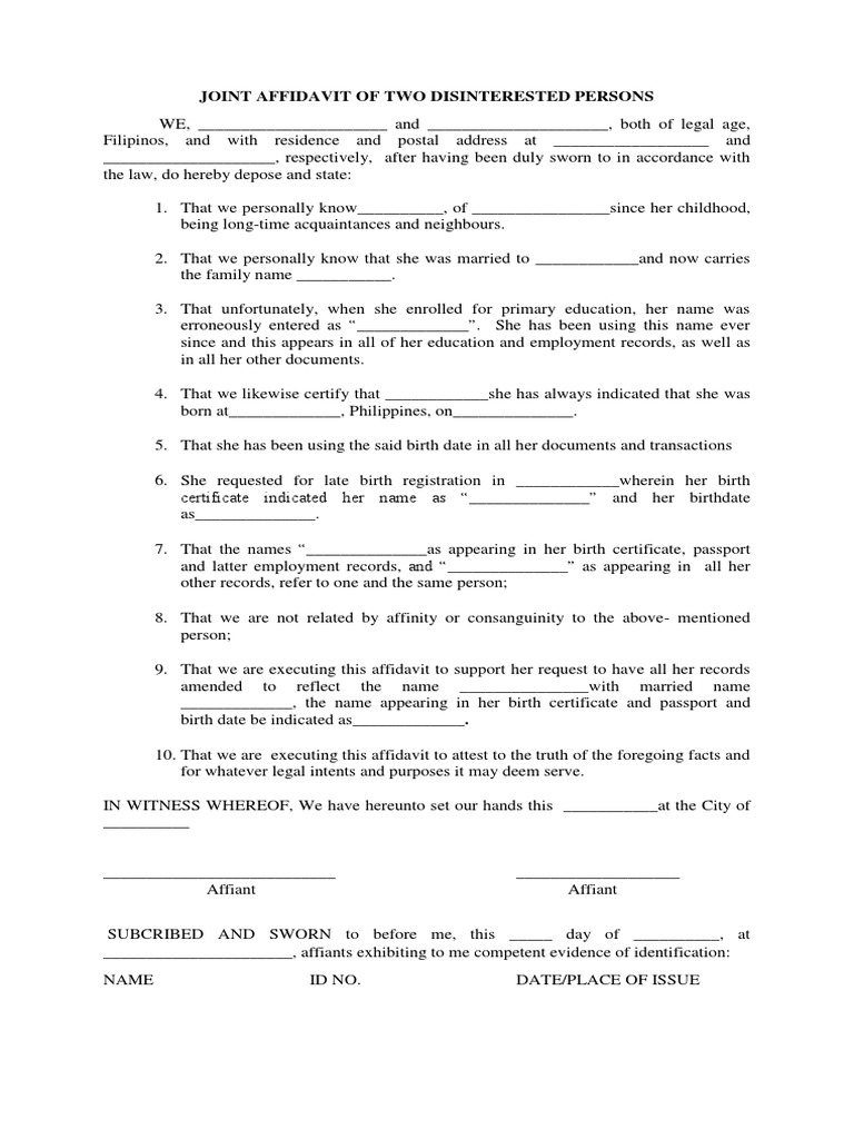 JOINT AFFIDAVIT OF TWO DISINTERESTED PERSONS-sample | PDF | Affidavit ...