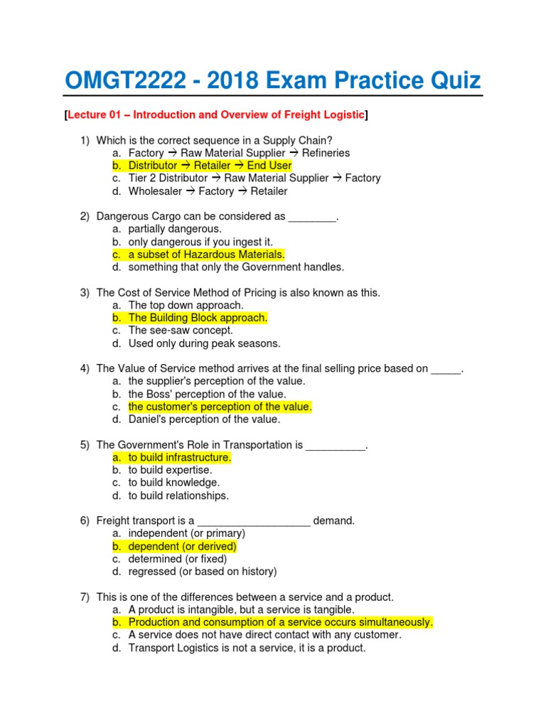 OMGT2222-Transportation and Freight Logistics 2018 Exam Practice Quiz ...