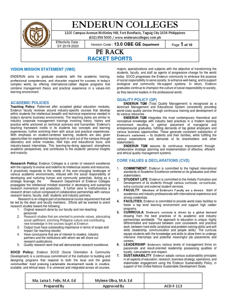 PE RACK Racket Sports | PDF | Curriculum | Cognition