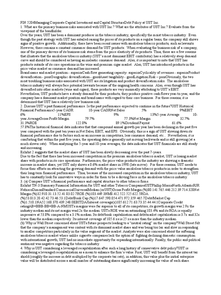 Debt Policy at Ust Case Solution | PDF | Pro Forma | Dividend