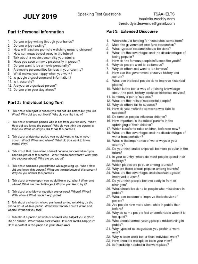 Promoting Discourse: A Collection of Speaking Test Questions Addressing ...