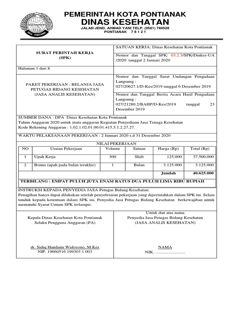SPK/SPK Analis Kesehatan/surat Perintah Kerja (SPK) | PDF