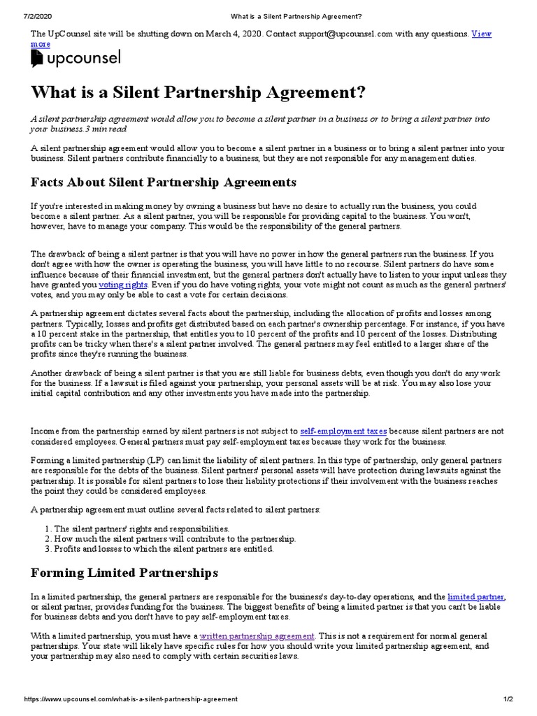 What Is A Silent Partnership Agreement | PDF | Limited Partnership ...