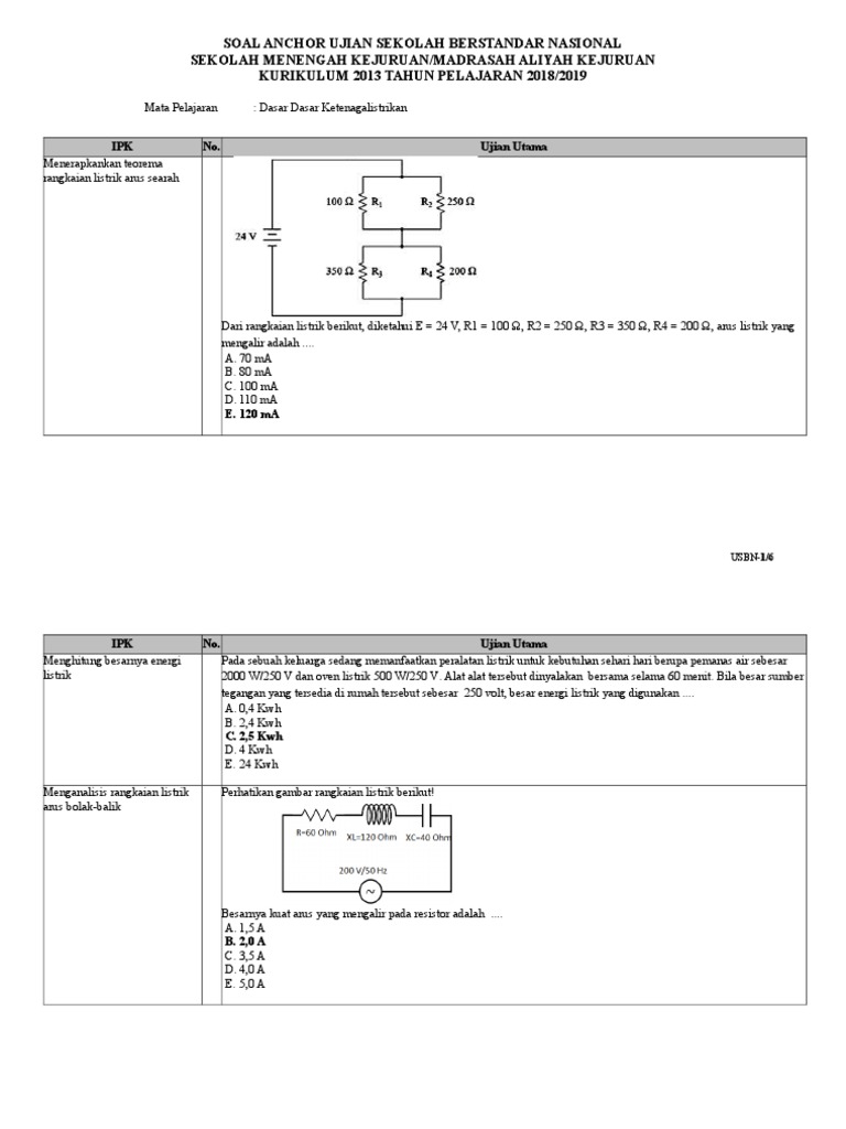 33-Soal Anchor USBN Dasar Dasar Teknik Ketenagalistrikan-K13-10 Soal | PDF