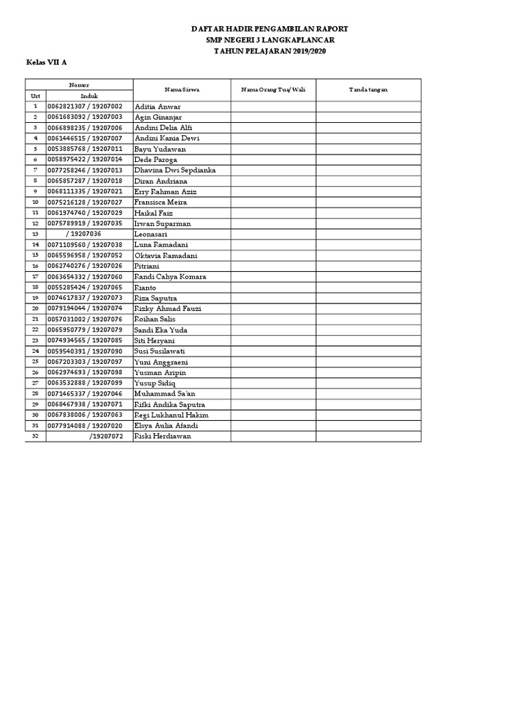 Daftar Hadir Pengambilan Raport | PDF