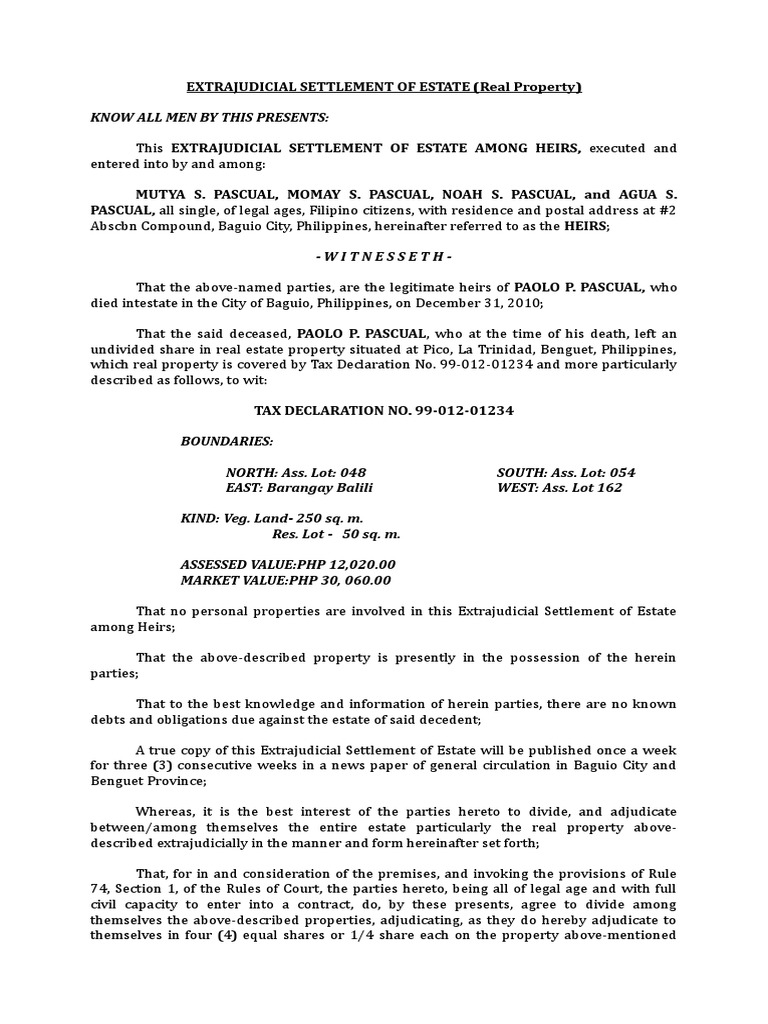 Extrajudicial Estate Settlement Baguio | PDF | Property Law | Virtue