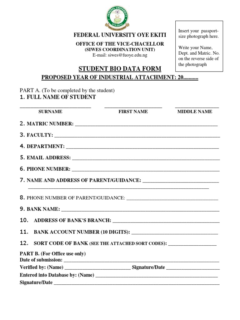 Biodata Form and Placement Documents For SIWES Students-1-1 PDF | PDF ...