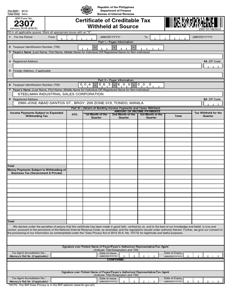 2307 New PDF | PDF | Withholding Tax | Corporate Tax