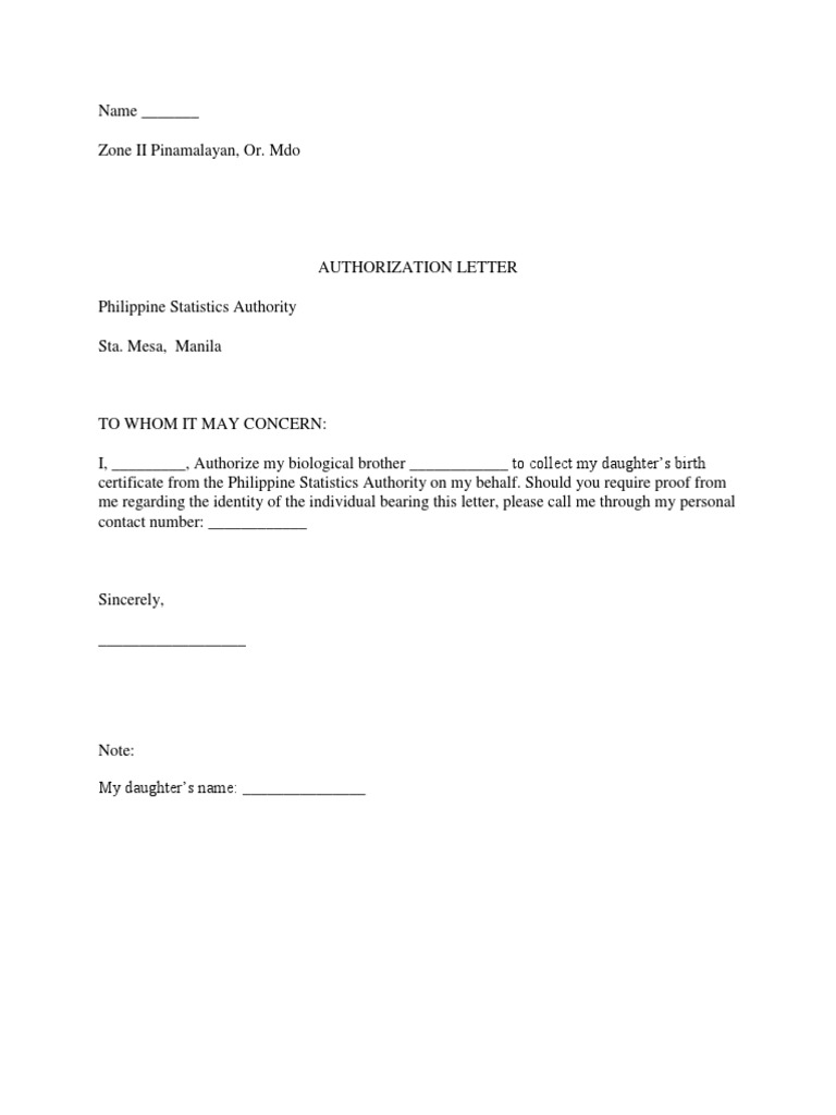 Authorization Letter PSA | PDF