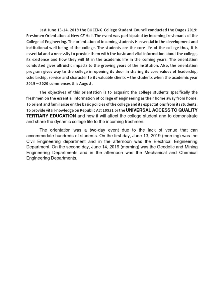 Narrative Report College Freshmen Orientation | PDF