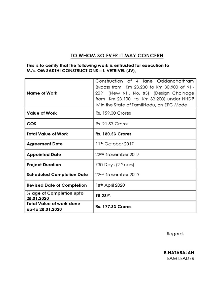 11. Work done certificate for NH 209