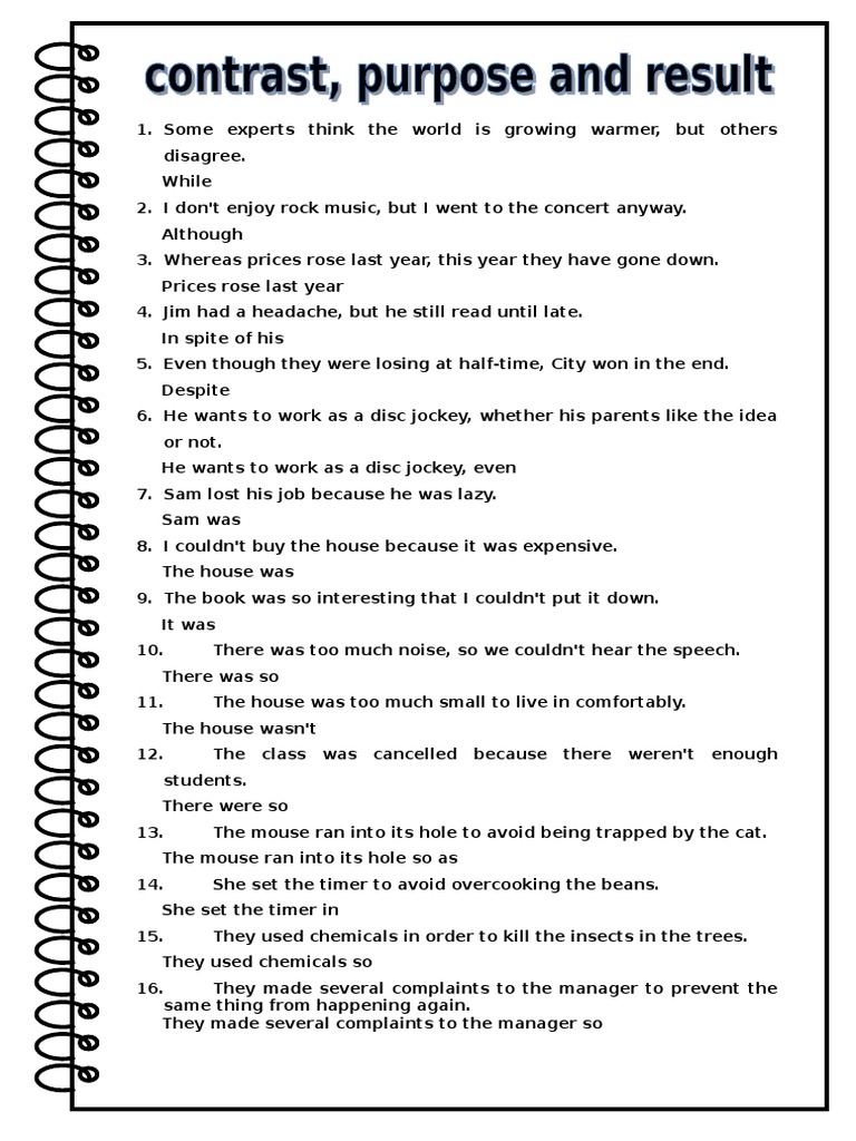 Exercises on Contrast and Purpose Clauses | PDF | Home & Garden
