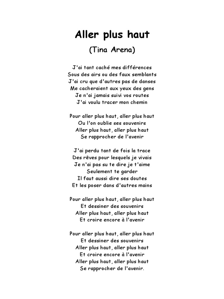 Paroles de "Aller Plus Haut" - Tina Arena | PDF
